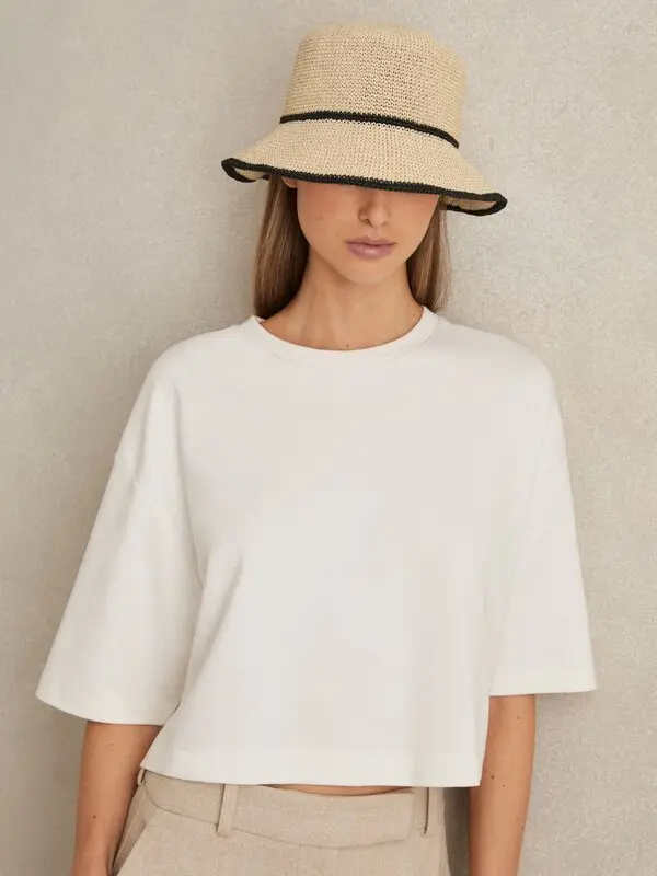REISS Edith Tipped Straw Bucket Hat - Natural