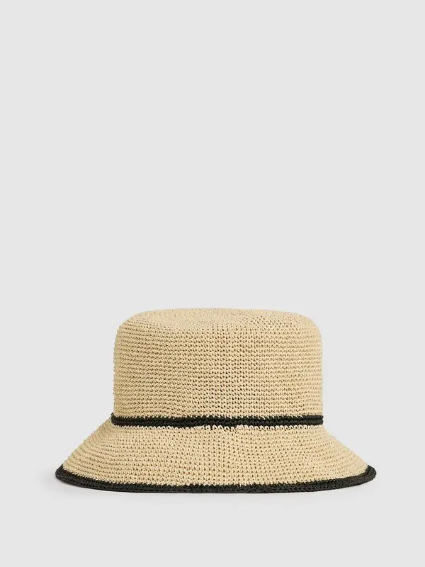 REISS Edith Tipped Straw Bucket Hat - Natural