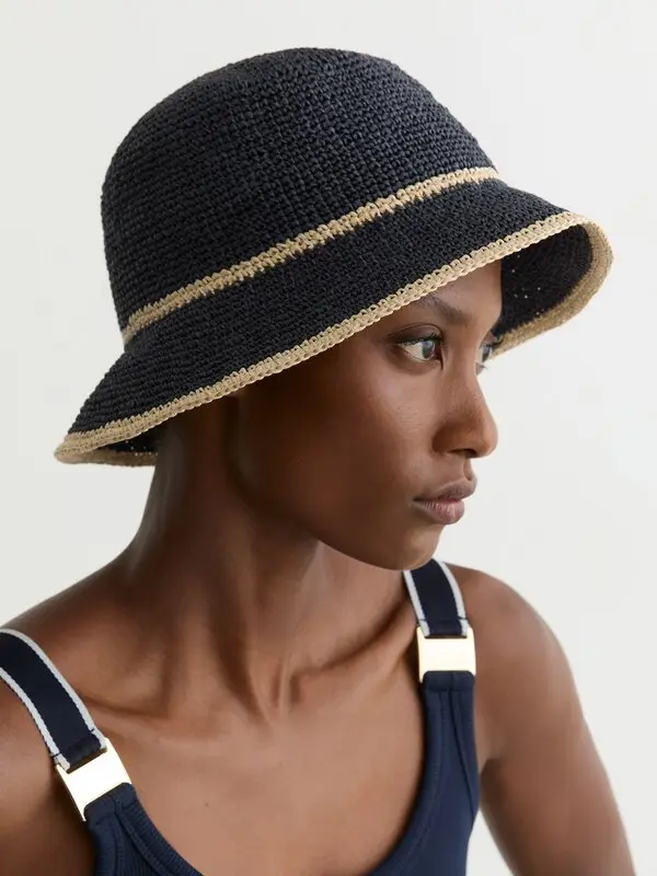 REISS Edith Tipped Straw Bucket Hat - Navy