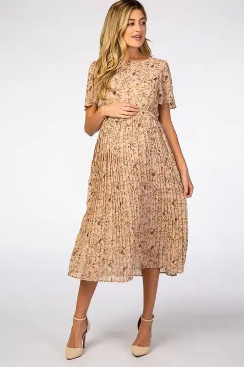 PINKBLUSH Floral Pleated Chiffon Midi Dress - Beige