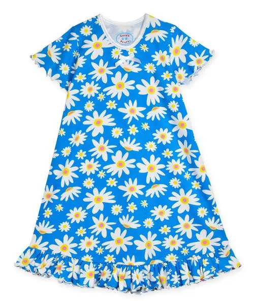 SARA’S PRINTS Short Sleeve Ruffle Nightgown - Daisy Blue