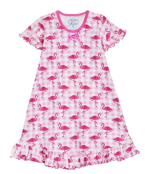 SARA’S PRINTS Short Sleeve Ruffle Nightgown - Plaid Flamingo