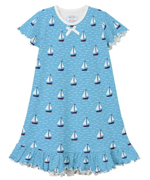 SARA’S PRINTS Short Sleeve Ruffle Nightgown - Sailboat
