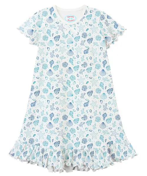 SARA’S PRINTS Short Sleeve Ruffle Nightgown - Seashells