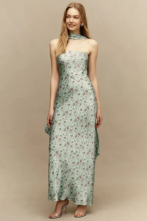 Bhldn Nesta Strapless Satin Scarf Maxi Dress - Mint Ditsy Antique Floral