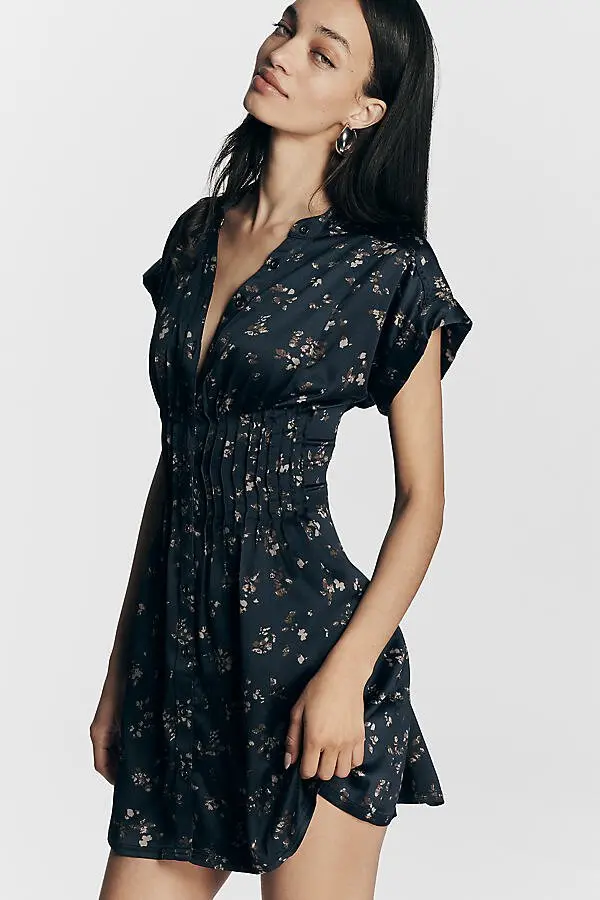 PILCRO Silken Pleated Shirt Dress - Navy