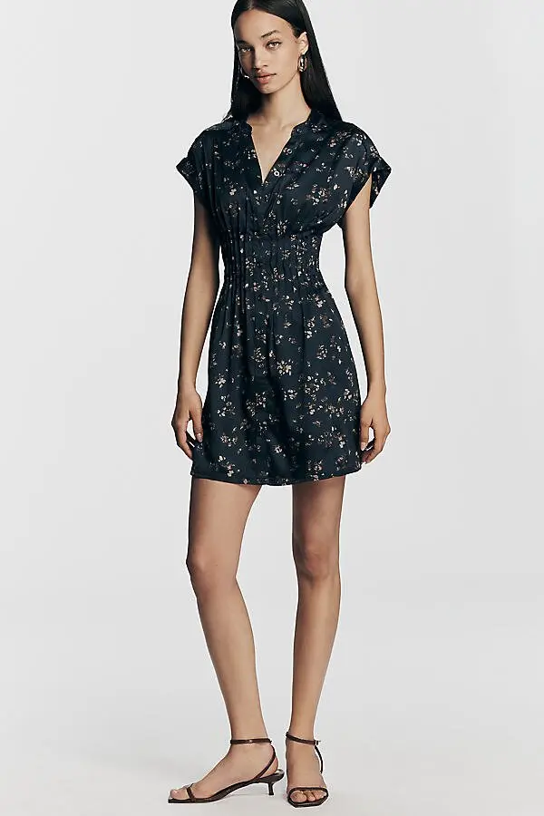 PILCRO Silken Pleated Shirt Dress - Navy