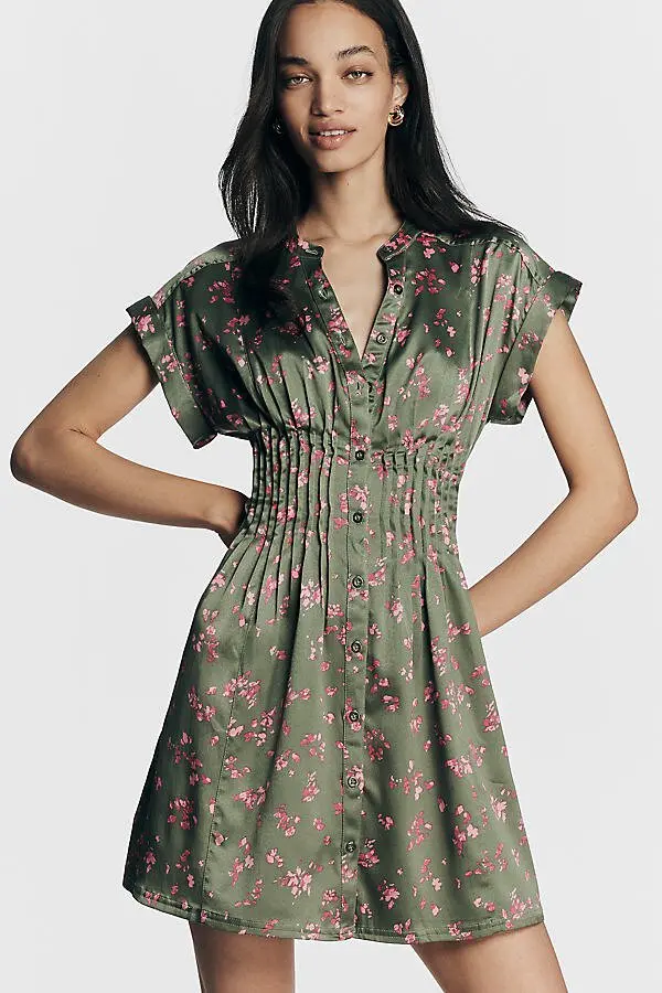 PILCRO Silken Pleated Shirt Dress - Olive
