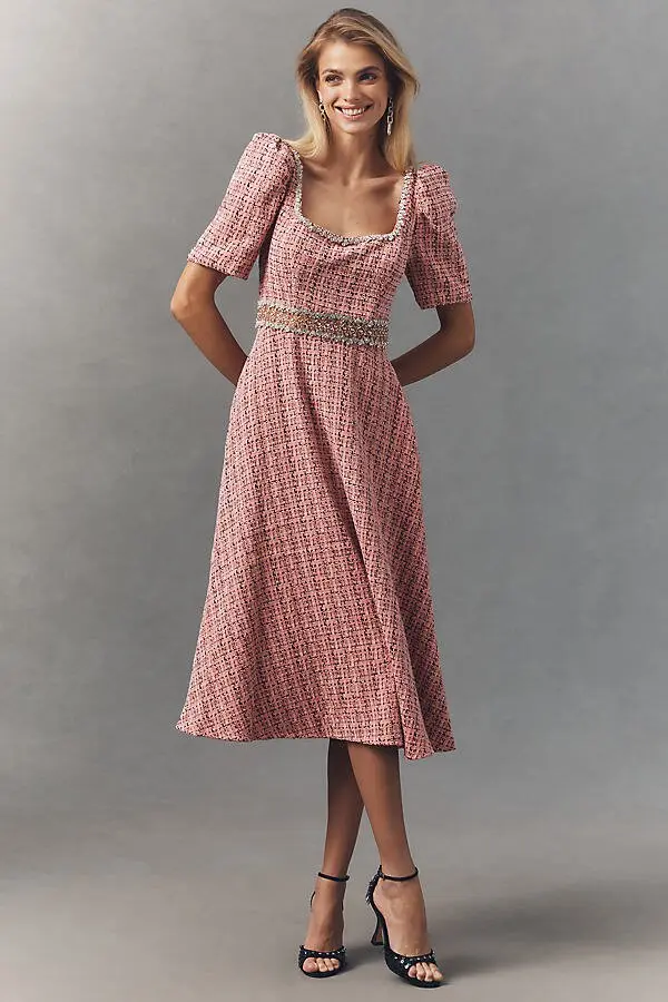 Mac Duggal Tweed Square-neck Midi Dress