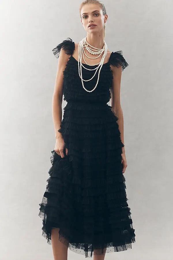 Mac Duggal Sleeveless Tulle Ruffle Midi Dress