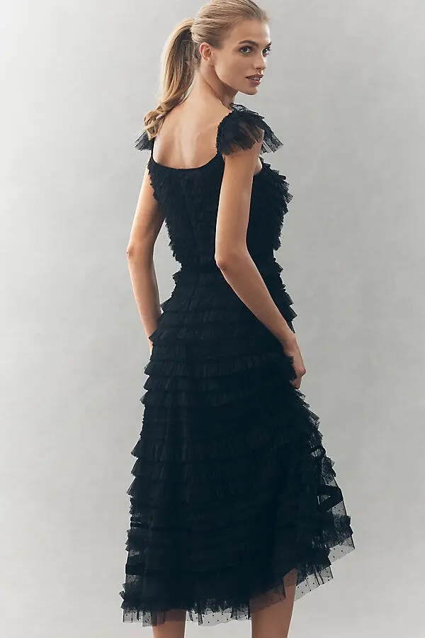 Mac Duggal Sleeveless Tulle Ruffle Midi Dress