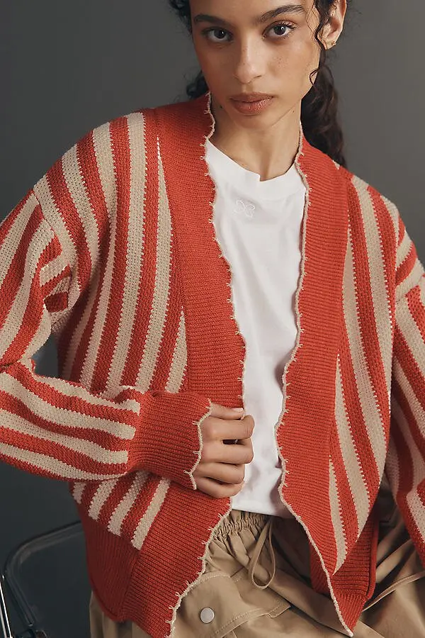 Anthropologie Waffle-knit Scalloped Cardigan Sweater - Red