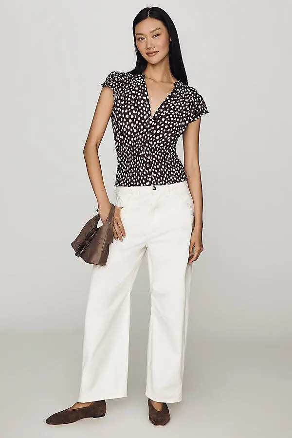 Maeve Waisted Short-sleeve Top - Brown Dot