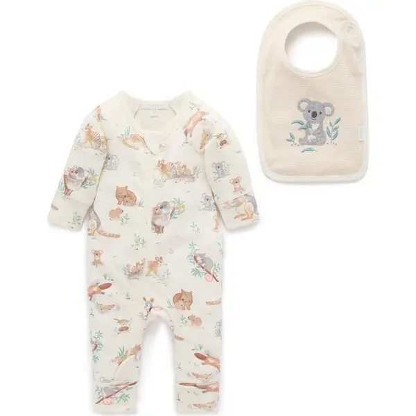 PUREBABY Australiana Animals Zip Romper & Bib Set - Bush Babies