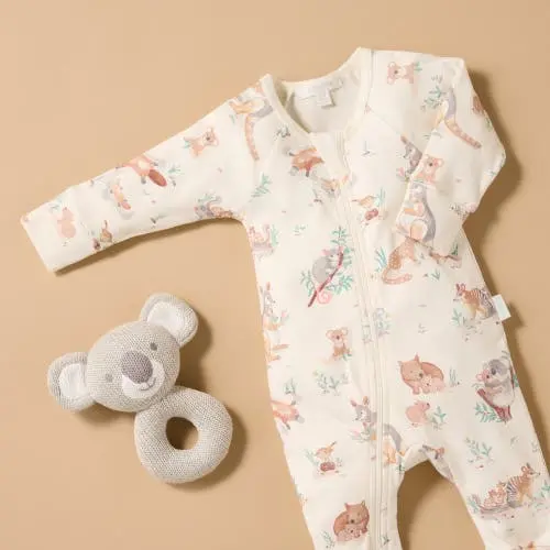 PUREBABY Australiana Animals Zip Romper & Bib Set