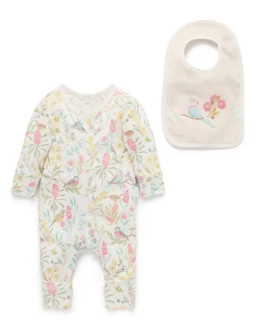 PUREBABY Australiana Floral Zip Romper & Bib Set - Aviary Garden