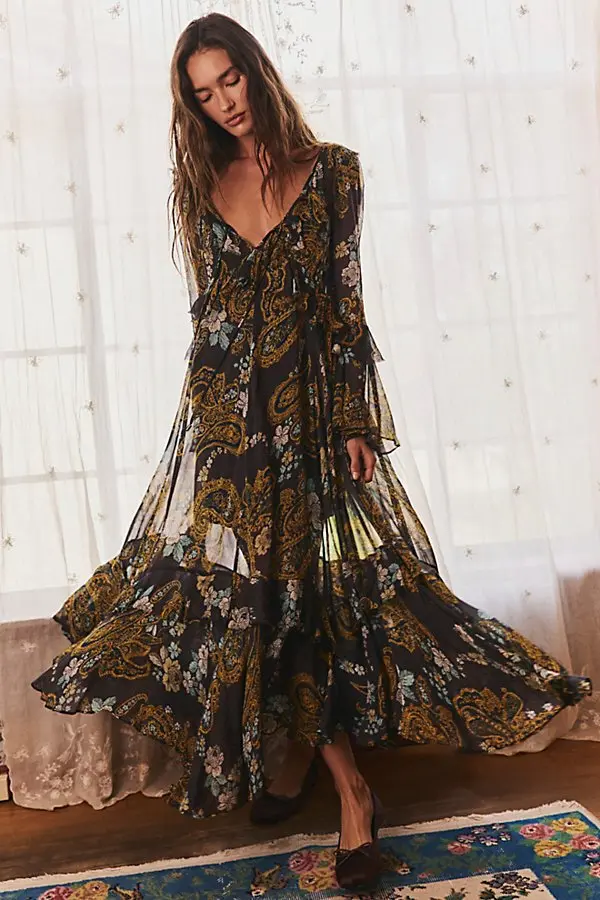 Free People Paisley Petals Maxi Dress - Cocoa Combo