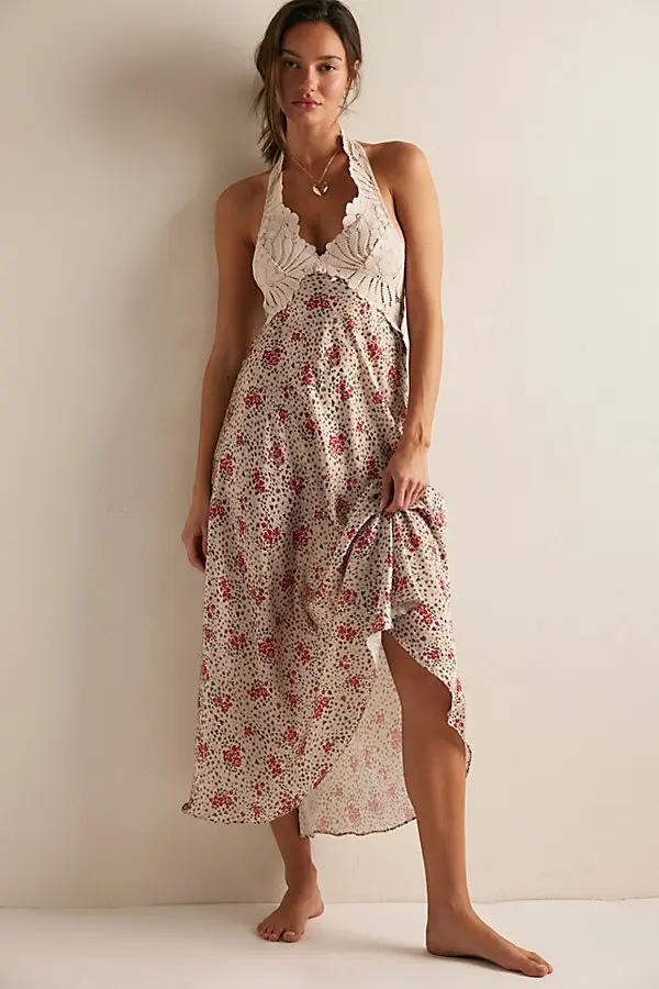 Free People Petal Party Printed Midi Slip - Almond Combo