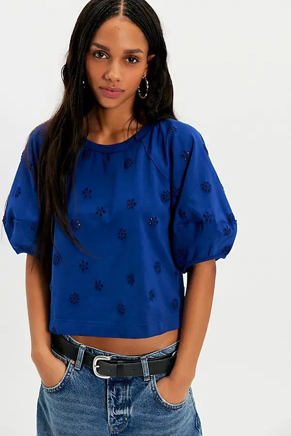 Free People Jessie Eyelet Tee - Navy Combo
