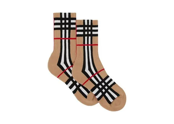 Burberry Ribbed Check Technical Stretch Cotton Socks - Beige
