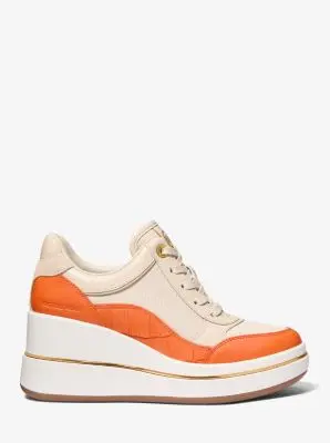 Michael Kors Emmy Leather And Canvas Wedge Trainer - Orange