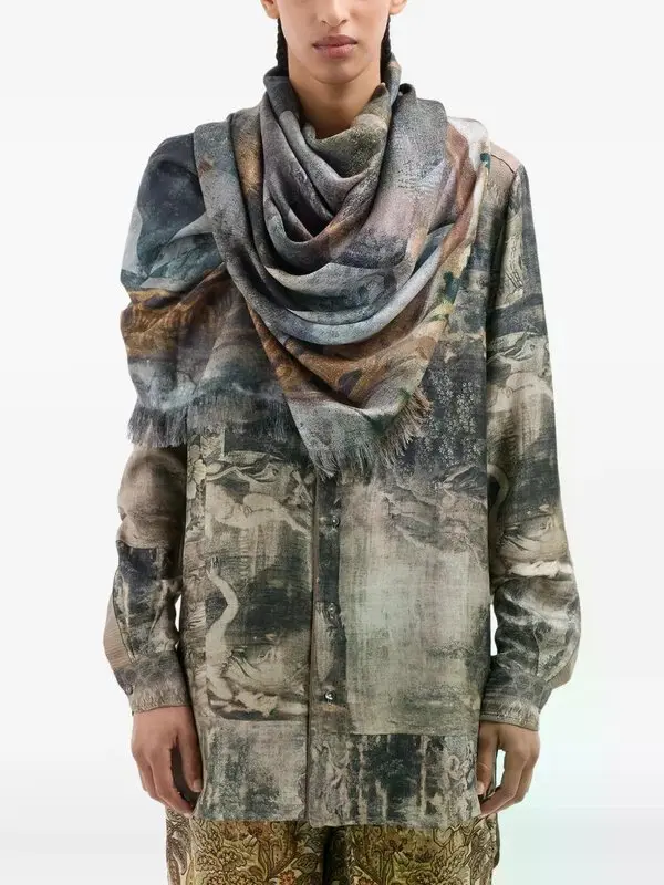 PIERRE-LOUIS MASCIA Aloeuw Printed Fringed Shawl Scarf - Grey