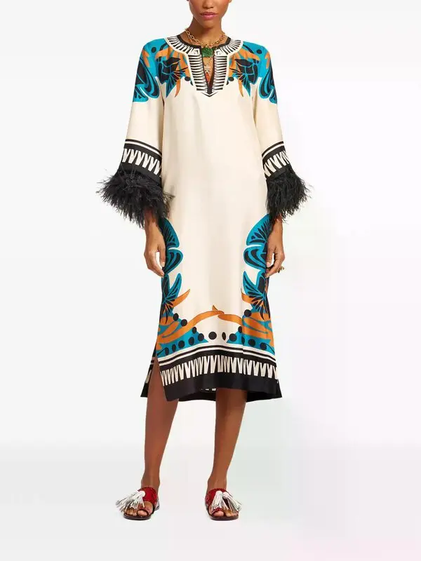 La DoubleJ Floral Feather-trimmed Kaftan Midi Dress