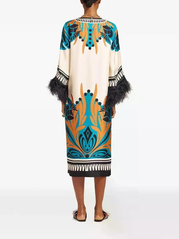 La DoubleJ Floral Feather-trimmed Kaftan Midi Dress