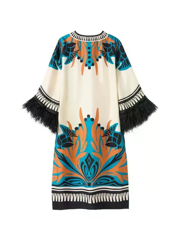 La DoubleJ Floral Feather-trimmed Kaftan Midi Dress