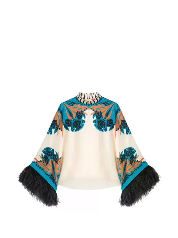 La DoubleJ Floral Feather Silk Blouse - Neutrals