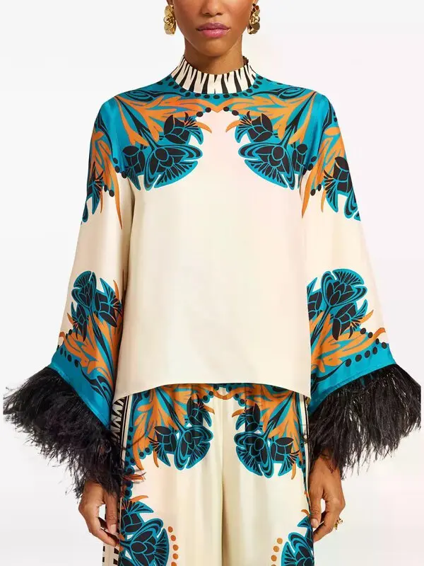 La DoubleJ Floral Feather Silk Blouse - Neutrals
