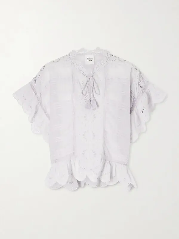 MARANT ETOILE Payton Lace-trimmed Embroidered Cotton Blouse - Blue