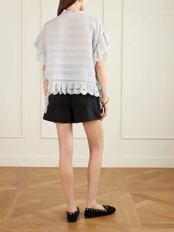 MARANT ETOILE Payton Lace-trimmed Embroidered Cotton Blouse - Blue