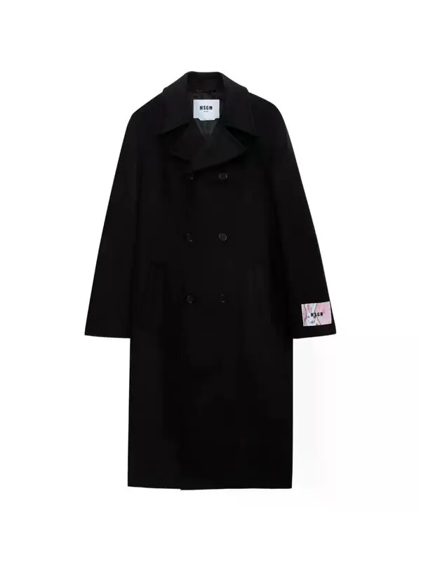 MSGM Double-breasted Coat With Logo Patch - Black