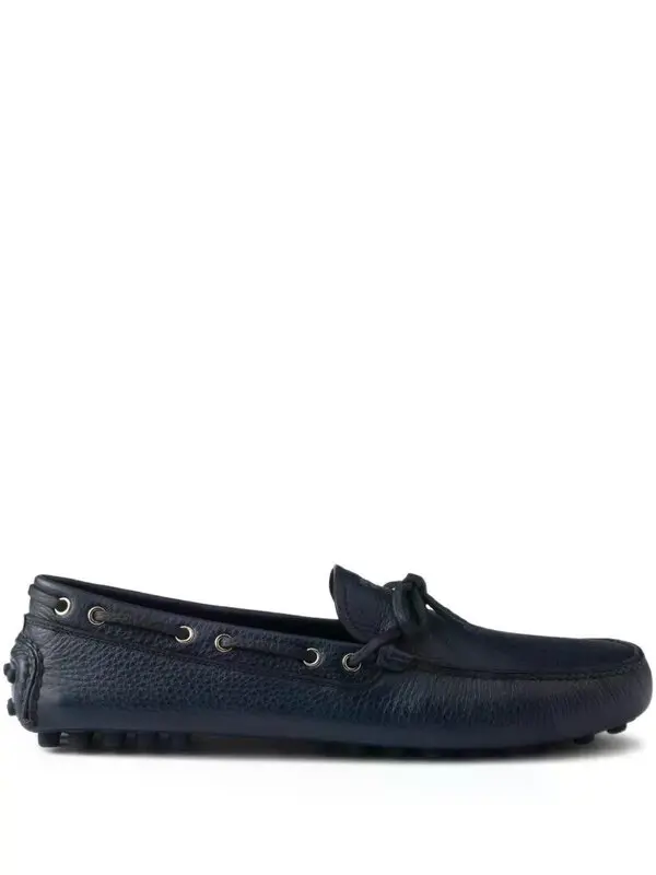 Prada Printed Logo Tie Leather Boat Shoes - Blue