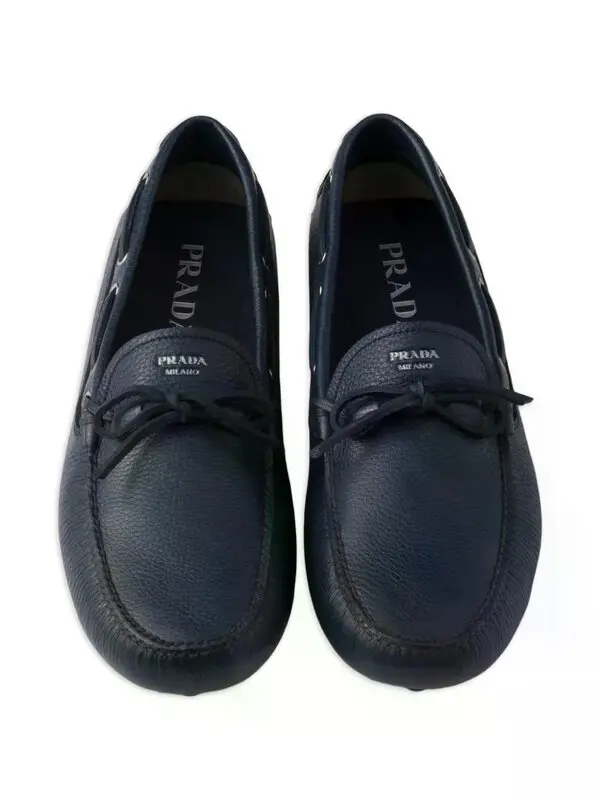 Prada Printed Logo Tie Leather Boat Shoes - Blue