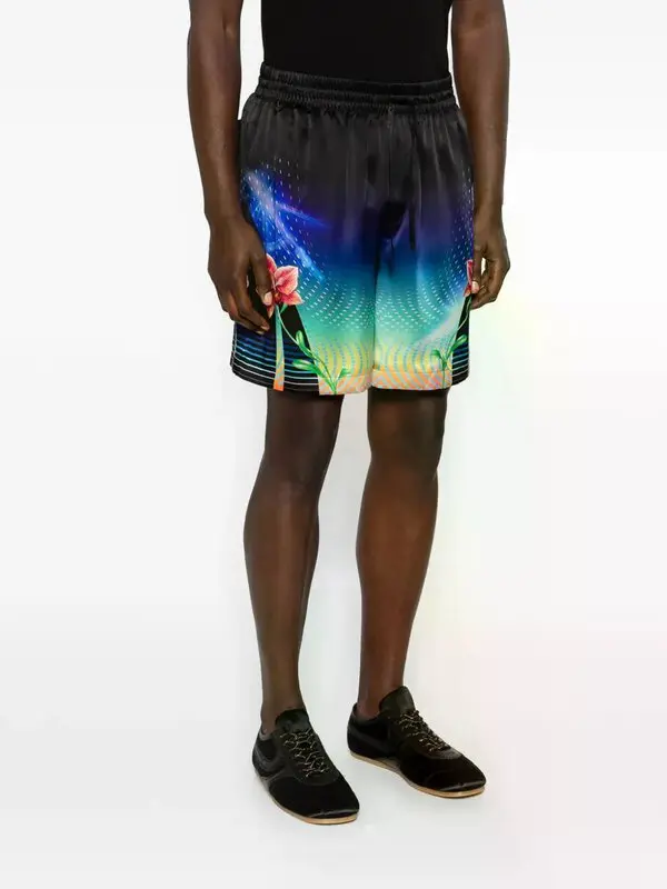 Casablanca Silk Orchid Print Drawstring Shorts - Black
