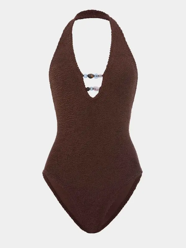 Hunza G Adriana Beaded One Piece Swimsuit - Metallic Chocolate