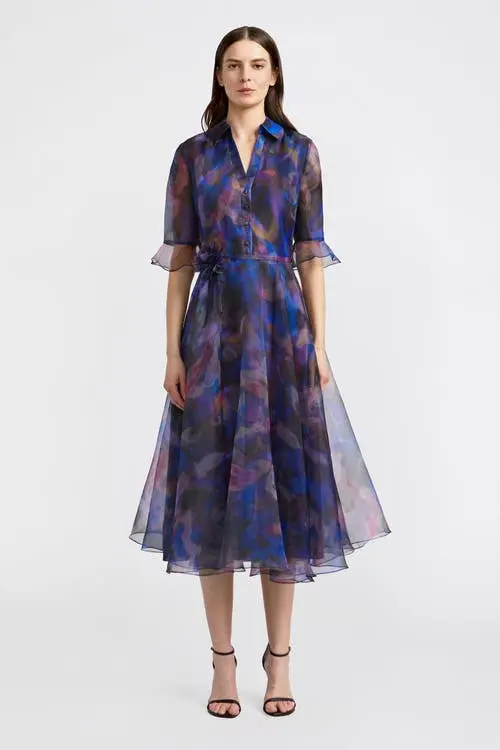 Theia Colette Printed Organza Shirt Dress