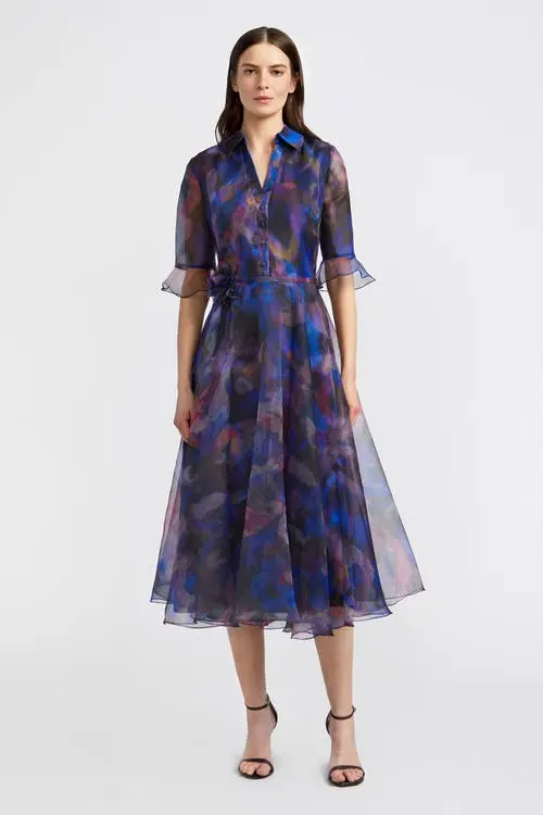 Theia Colette Printed Organza Shirtdress - Shadow Aura