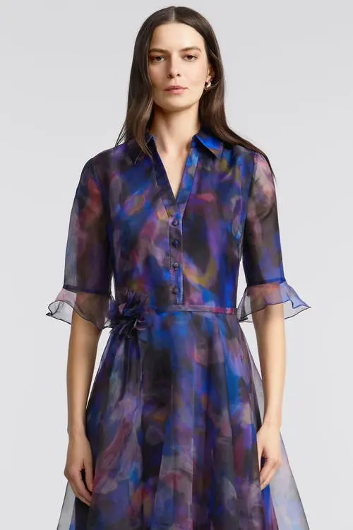 Theia Colette Printed Organza Shirtdress - Shadow Aura