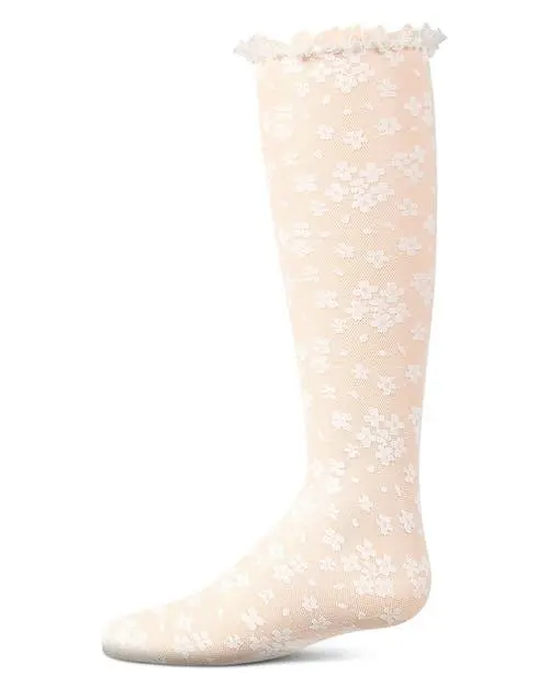 MEMOI Floral Lace Mesh Knee High Socks - Winter White