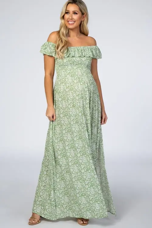 PINKBLUSH Floral Ruffle Off Shoulder Maxi Dress - Light Olive