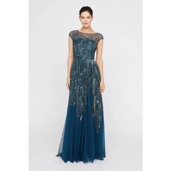 Theia Ava Beaded Cap Sleeve Gown