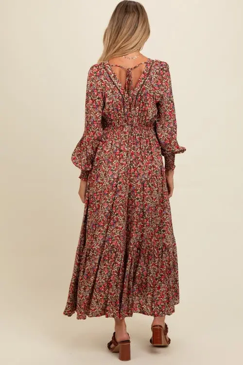 PINKBLUSH Floral V-neck Bubble Sleeve Maxi Dress