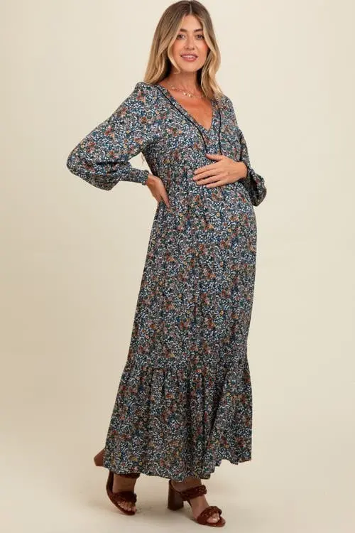 PINKBLUSH Floral V-neck Bubble Sleeve Maxi Dress