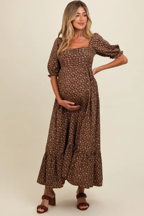 PINKBLUSH Floral Puff Sleeve Maxi Dress - Mocha