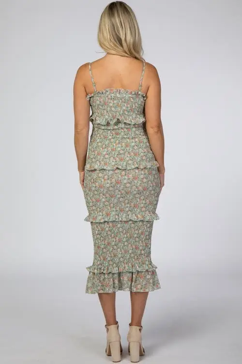 PINKBLUSH Floral Chiffon Smocked Fitted Maternity Midi Dress