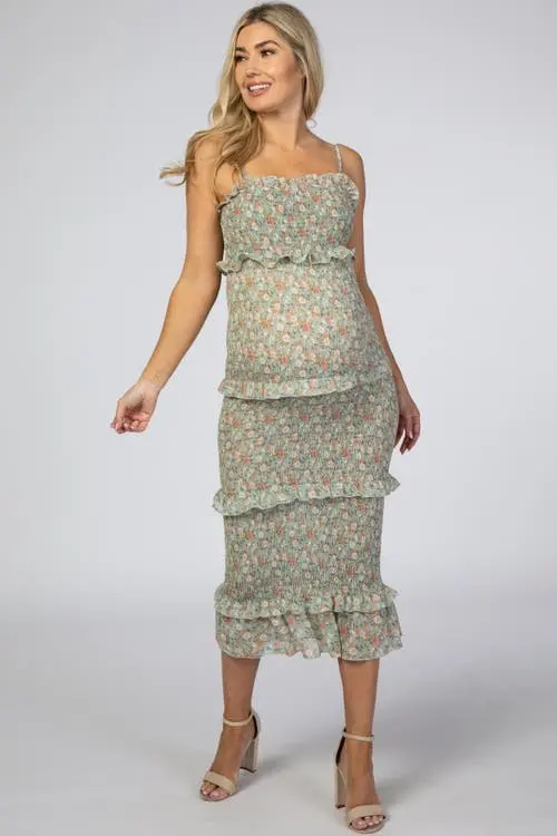 PINKBLUSH Floral Chiffon Smocked Fitted Maternity Midi Dress