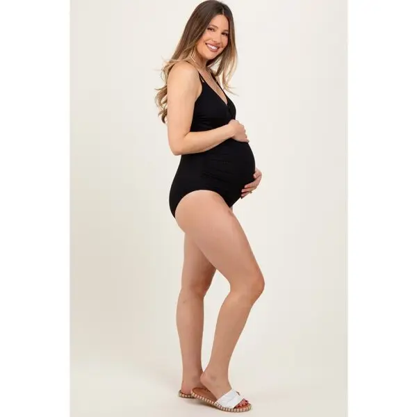PINKBLUSH Ribbed Split Neckline Maternity Swimsuit - Black